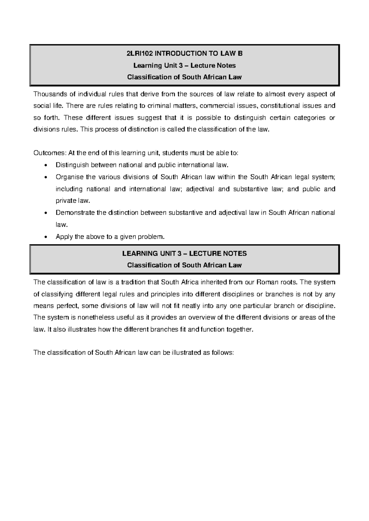 LU3 - Lecture Notes on the Classification of South African Law - Studocu