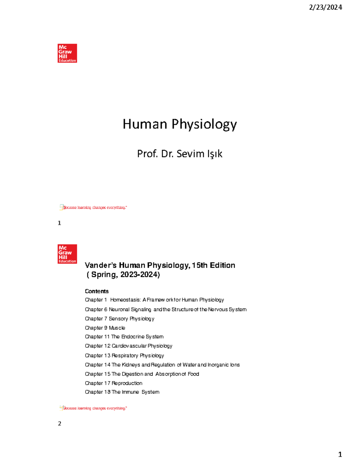 Human Physiology (Spring) - Chapter 1: Homeostasis Overview - Studocu