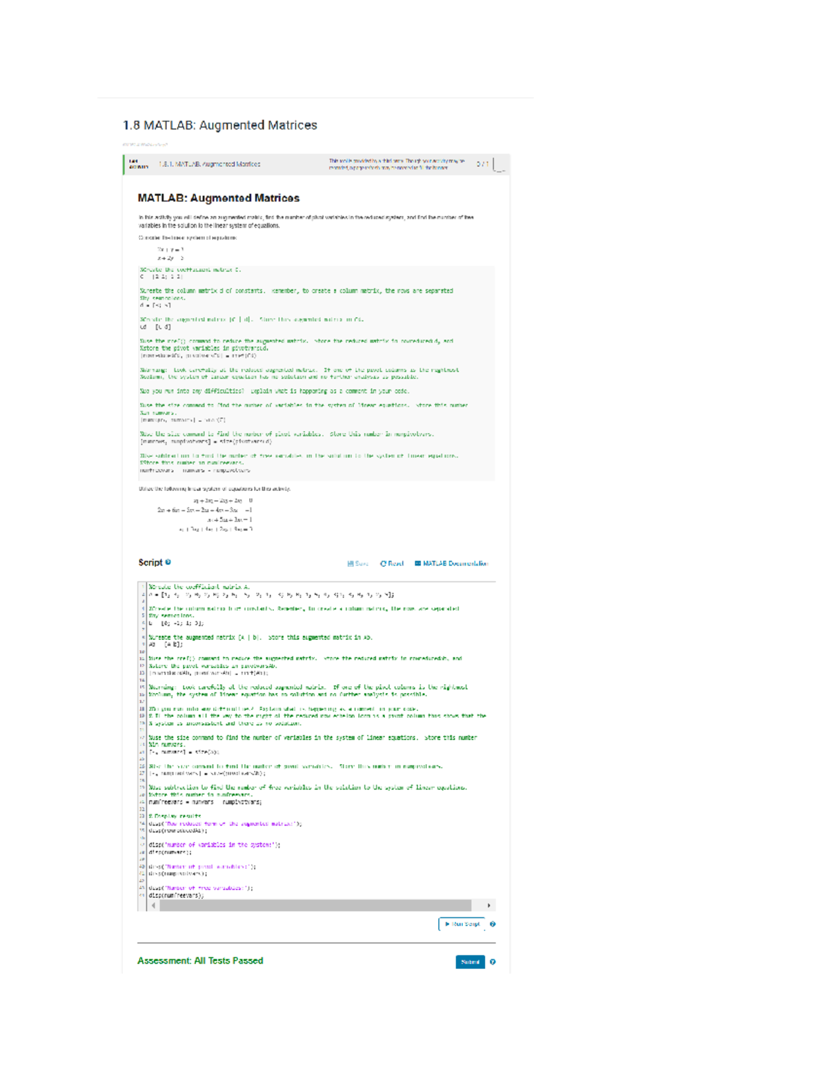 Zy Books MATLAB 1: Analyzing Free and Pivot Variables - Studocu