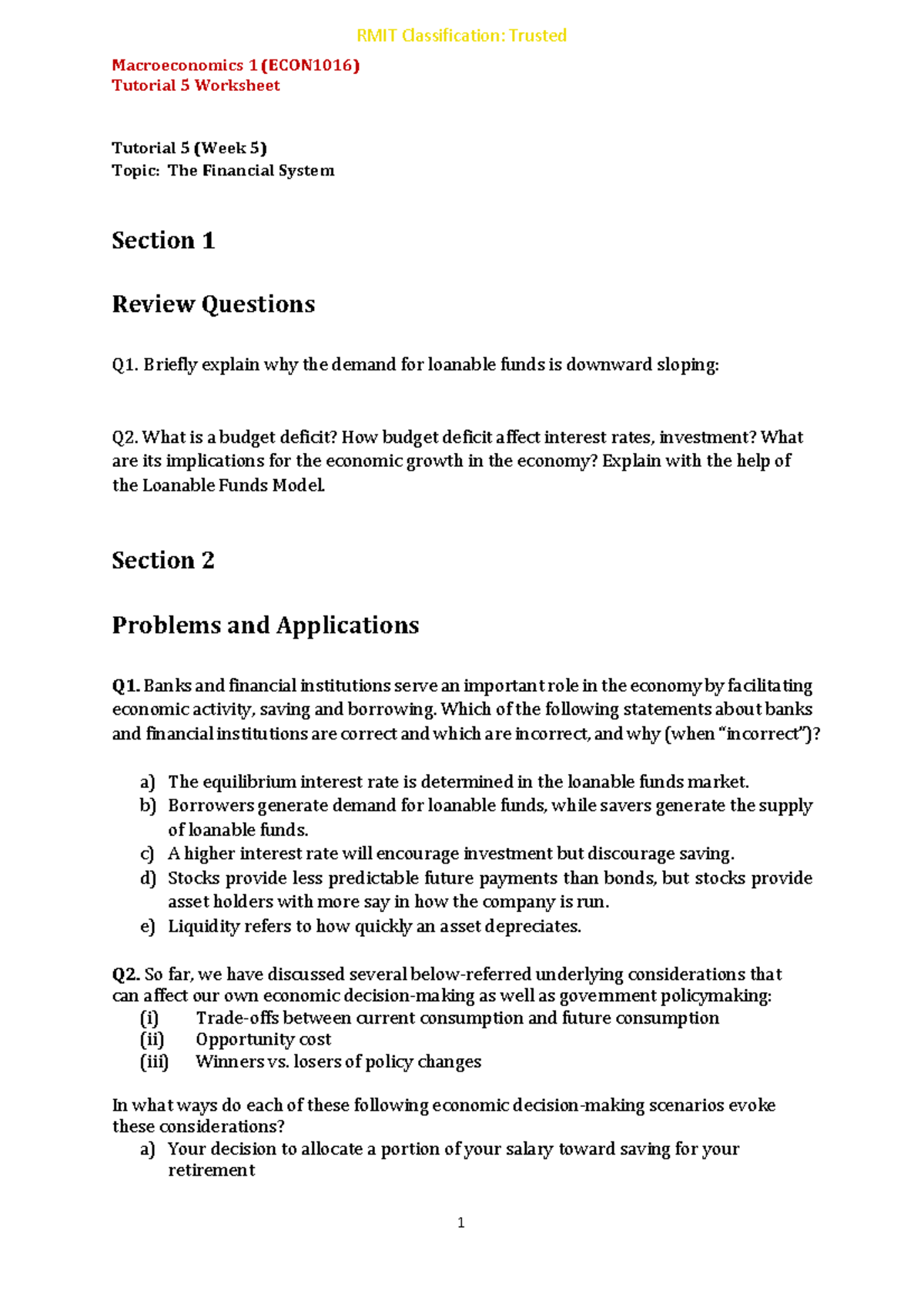 Macro 1+%28ECON1016%29+Tutorial+Worksheet+-+Week+5 - Macroeconomics 1 ...