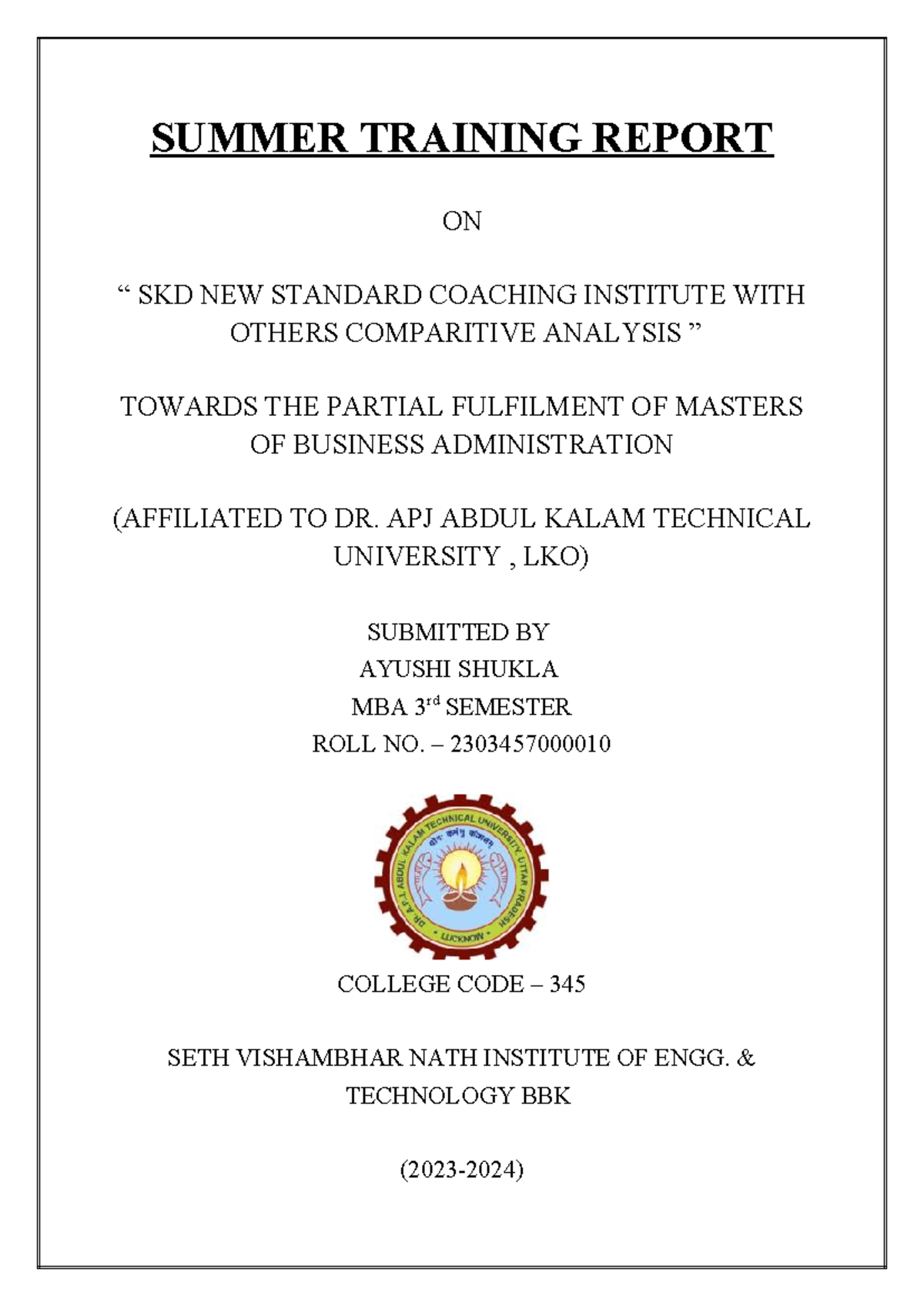 MBA 3rd Sem Summer Training Report: SKD Coaching Institute Analysis ...