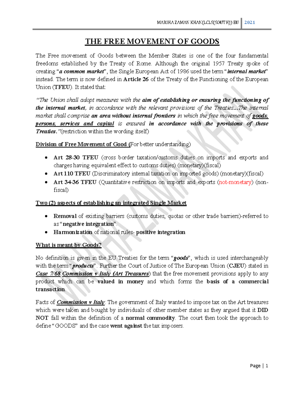 LCLS(SOUTH): EU 2021 Final Exam Notes on Free Movement of Goods - Studocu