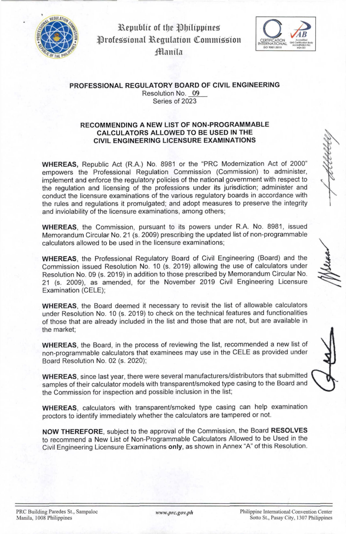PRC BCE Reso 2023-09 - Updated PRC requirements for board exam ...