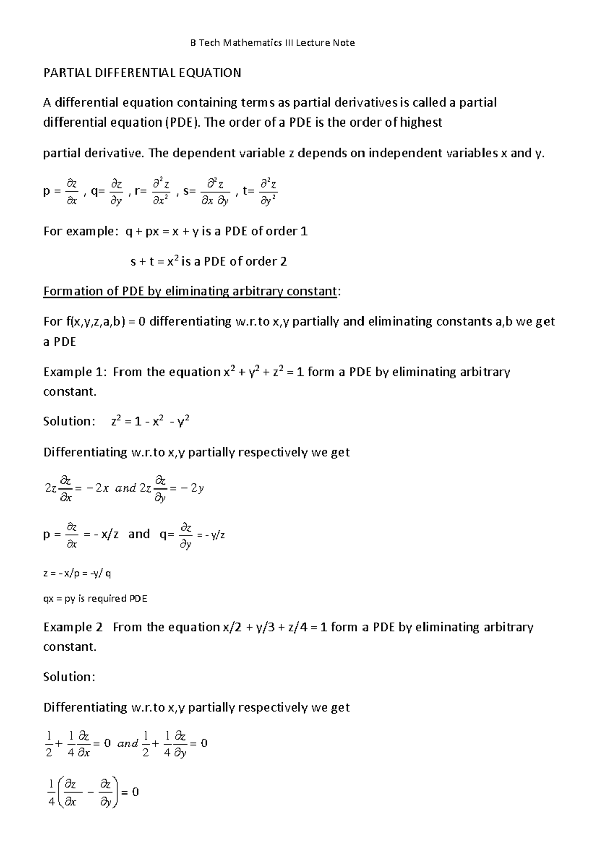 B.Tech Math Detailed Notes on Partial Differential Equations (Sem 3 ...