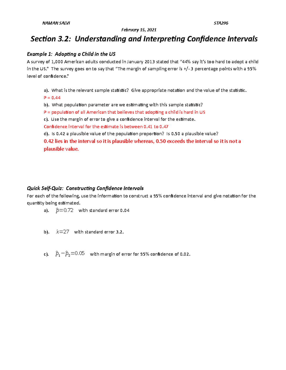 Worksheet 3 - Quiz on Confidence Intervals and Interpretation - Studocu