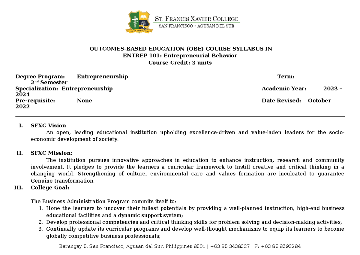 ENTREP 101: Syllabus for Entrepreneurial Behavior (OBE) - 2023/2024 ...