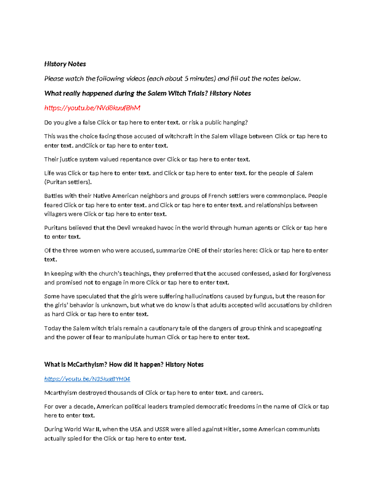 HIST 101: Salem Witch Trials & McCarthyism Notes with Videos - Studocu