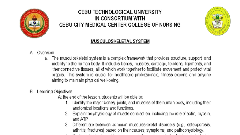 Musculoskeletal System Overview and Disorders - CEBU TECH UNIVERSITY - Studocu