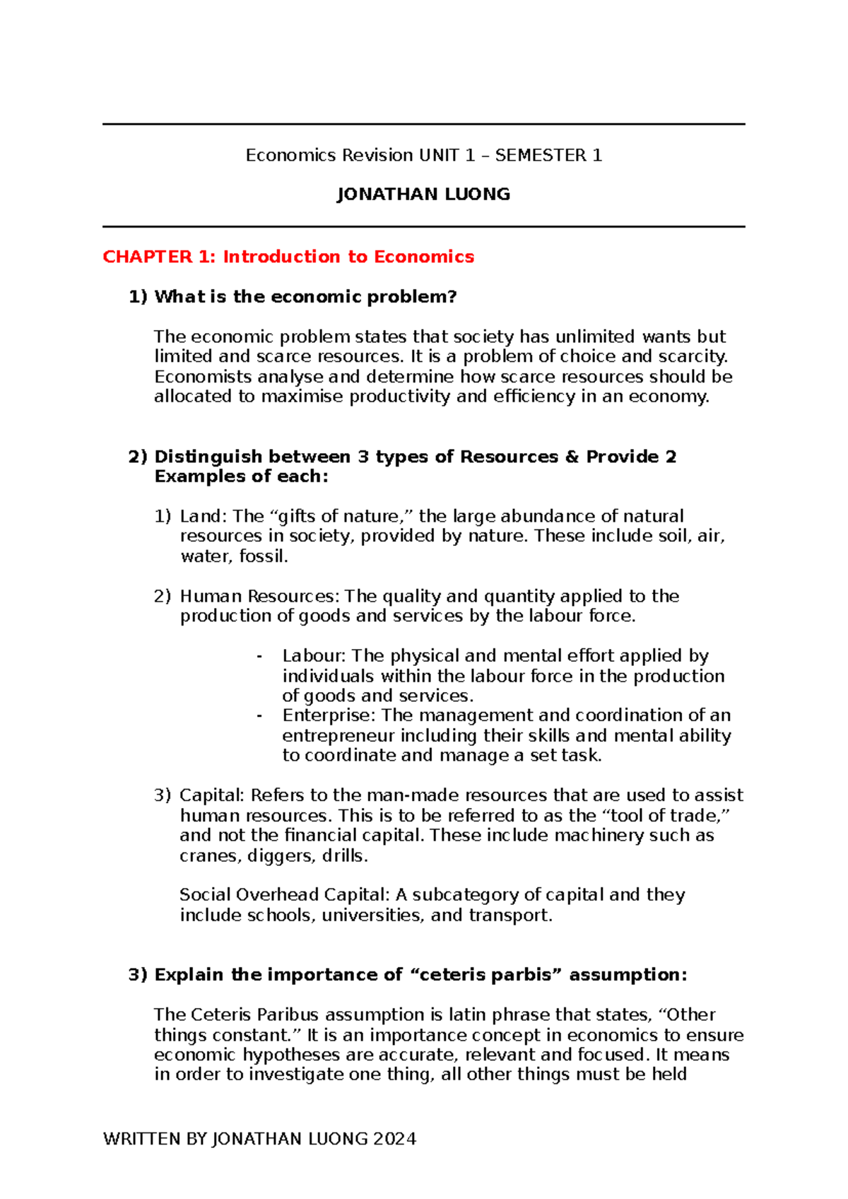 Economics Revision: Unit 1 Semester 1 - Introduction to Economics - Studocu