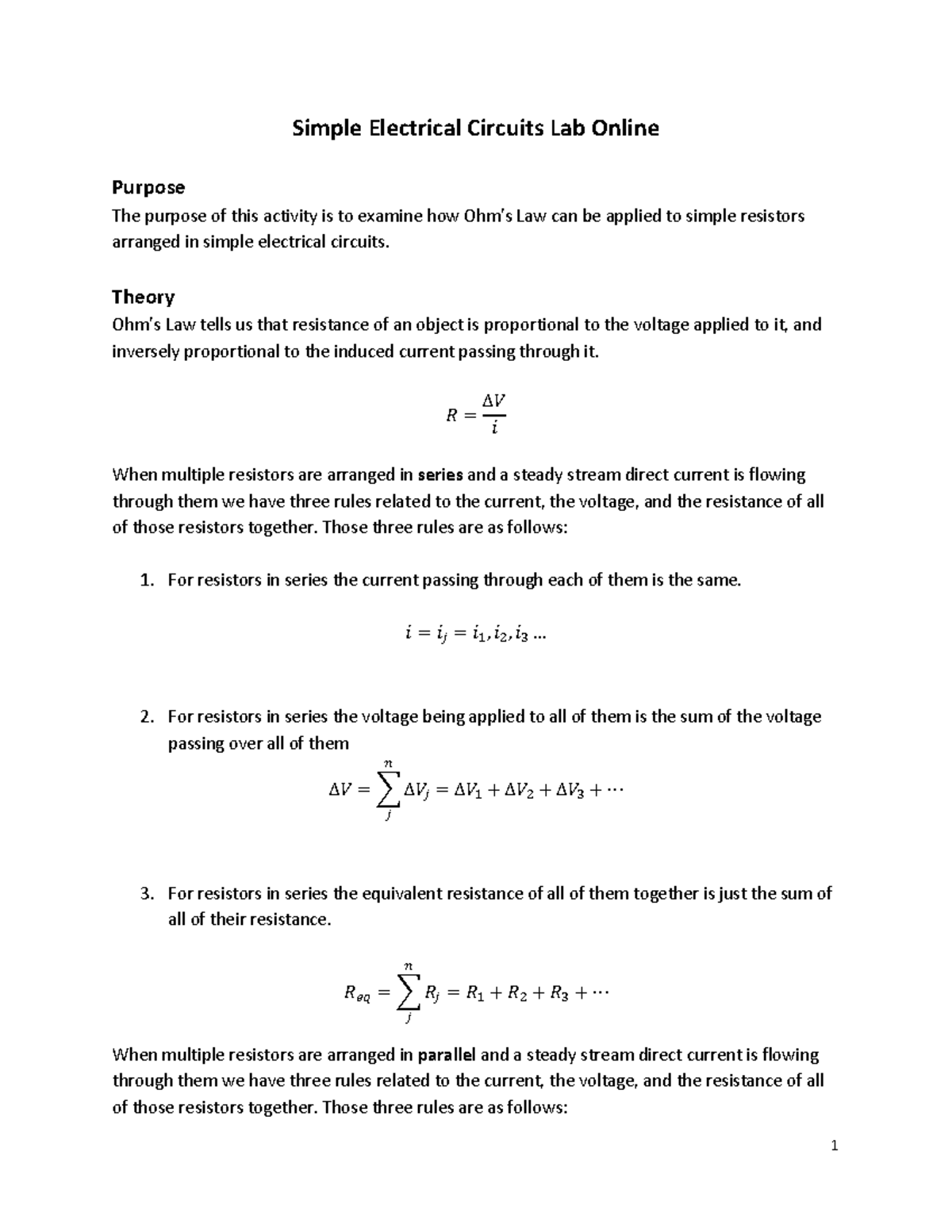 Fall 2023 Electrical Circuits Lab Online: Ohm's Law & Circuit Analysis ...