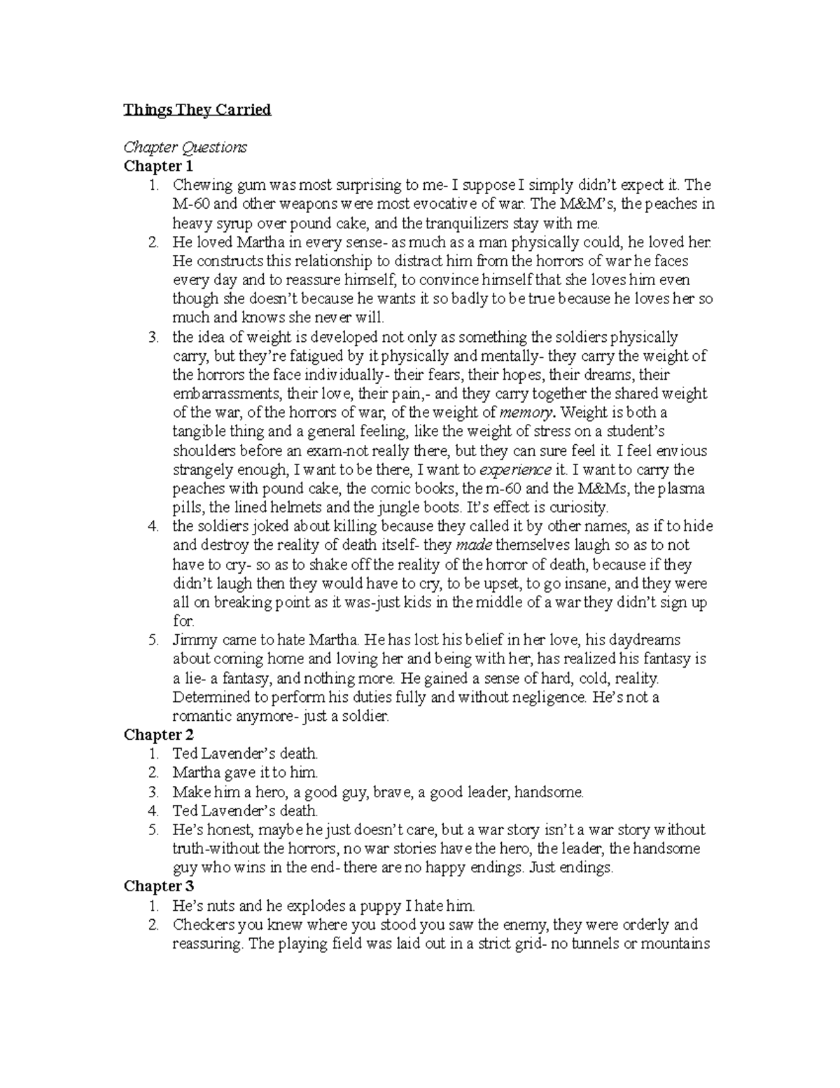 Things They Carried Questions - Things They Carried Chapter Questions ...