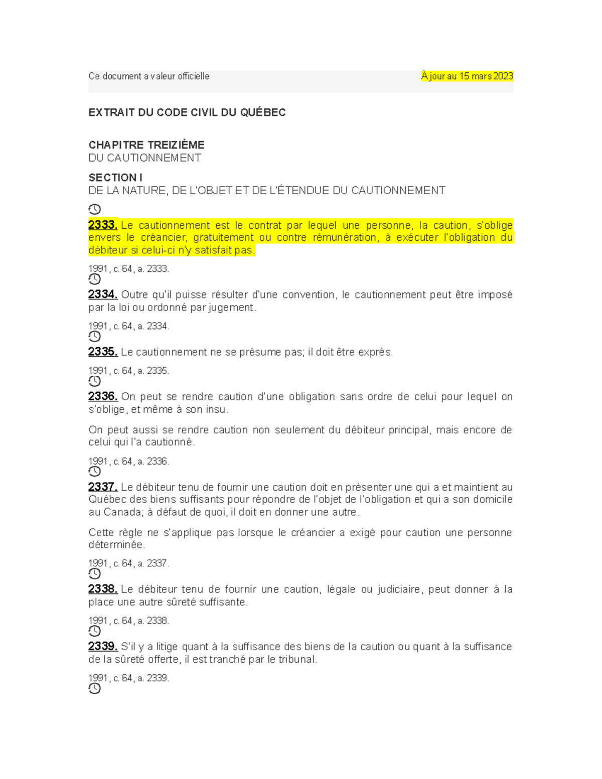 Extrait du code civil - Le cautionnement -2021 - Ce document a valeur officielle À jour au 15 ...