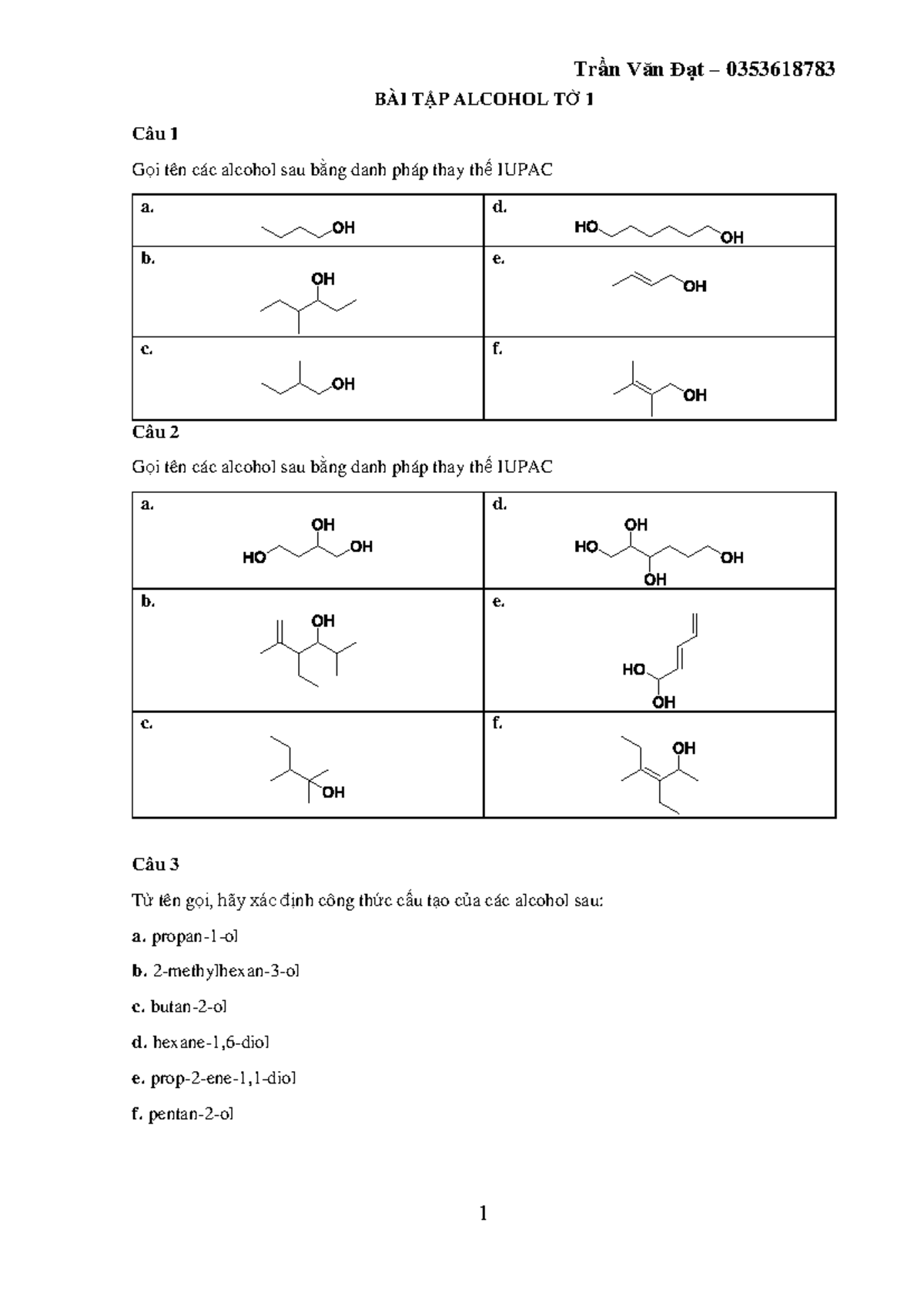 Bài Tập Alcohol Tờ 1 - Danh Pháp IUPAC và Phản Ứng - Studocu