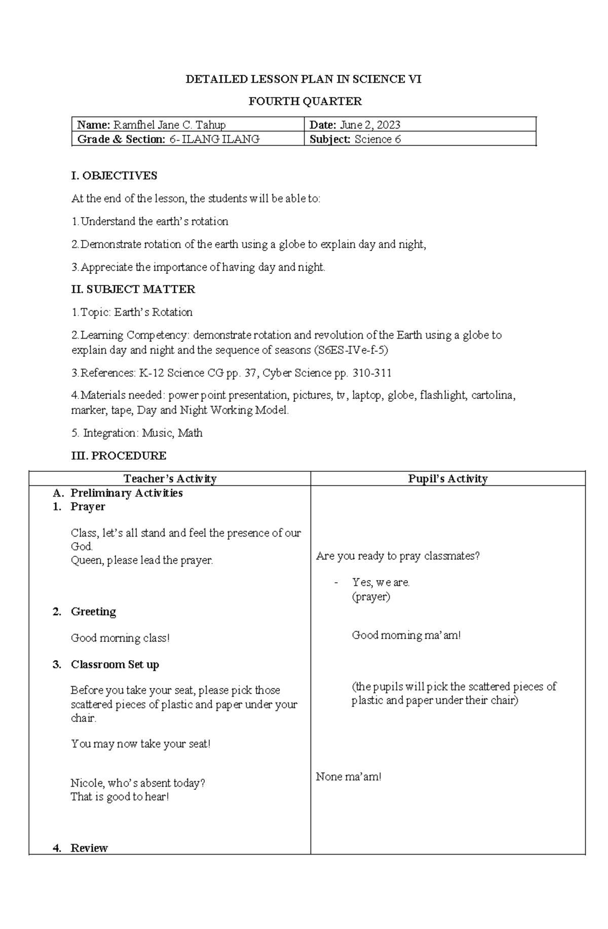 Detailed Lesson Plan in Science VI: Understanding Earth's Rotation ...