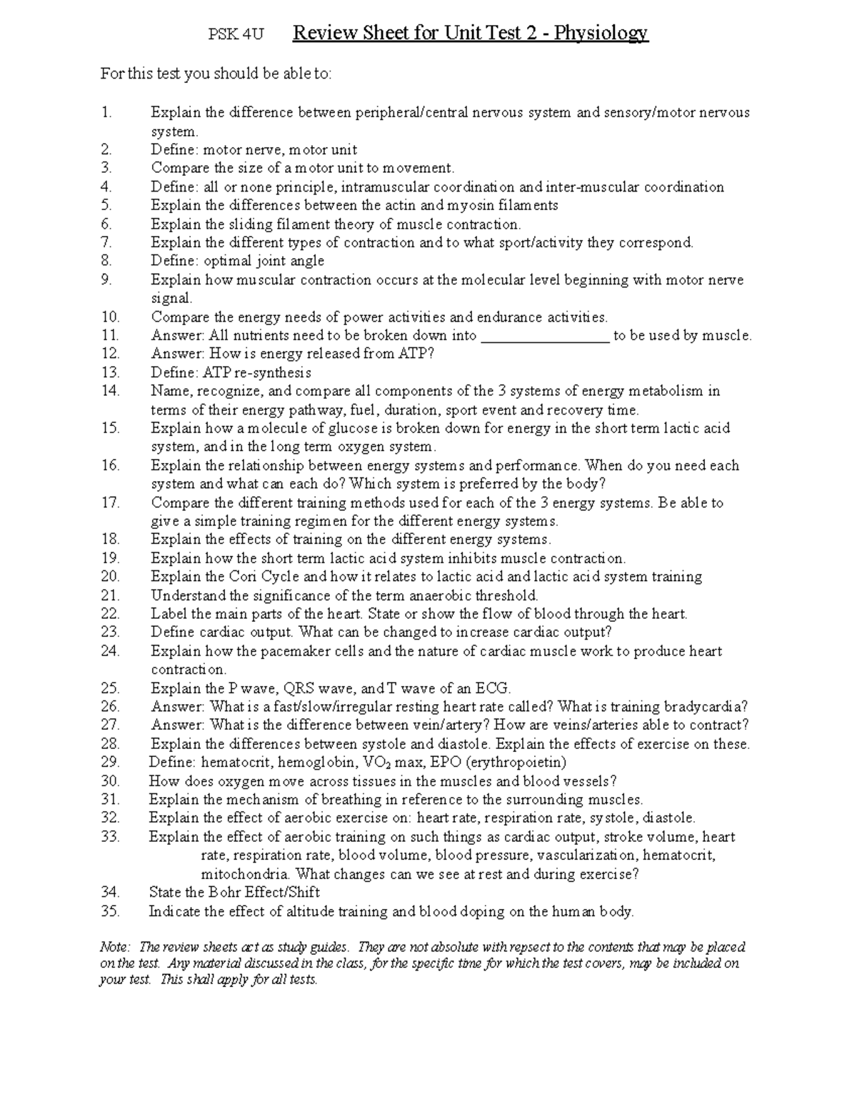 PSK 4U Unit Test 2 Review: Key Physiology Concepts & Details - Studocu