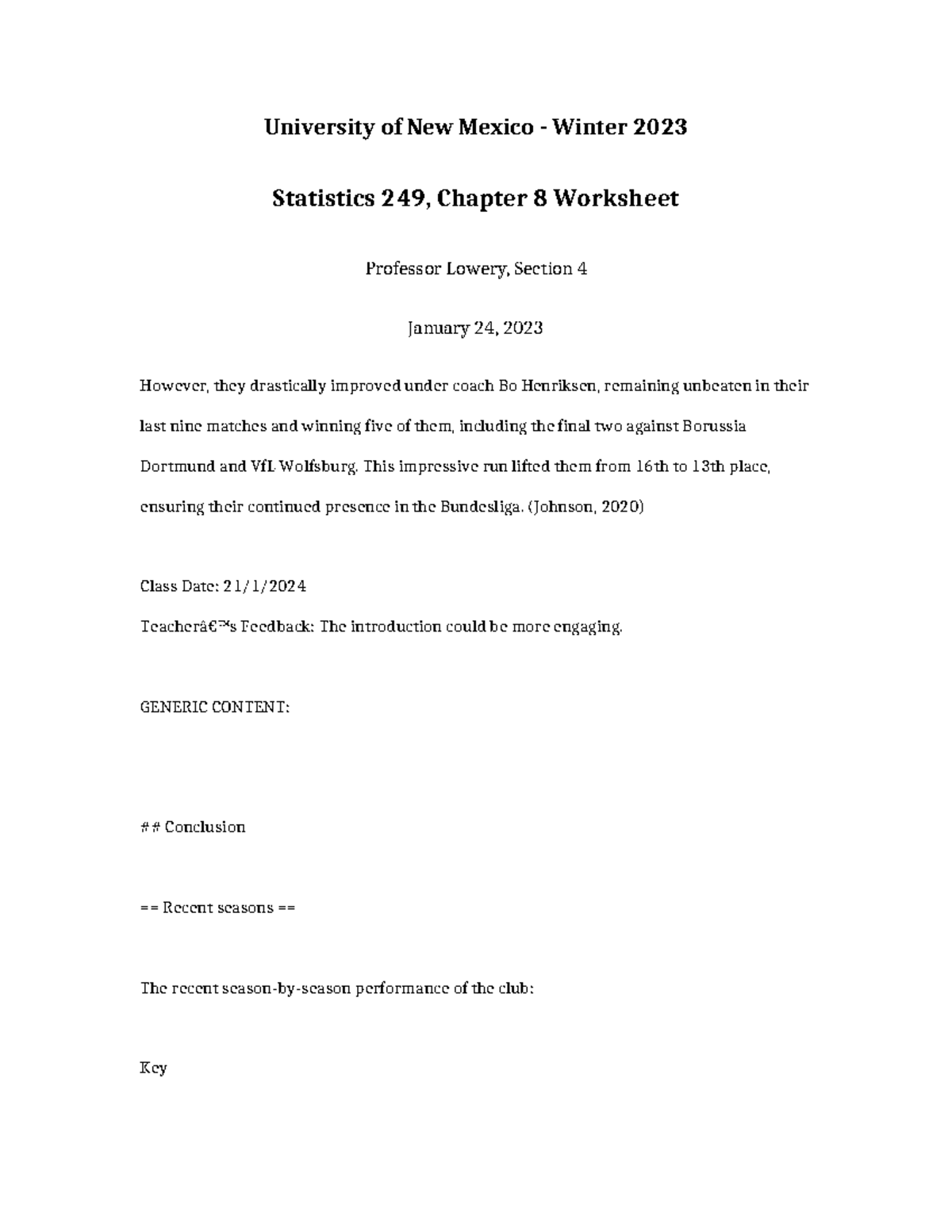 Statistics 249 Chapter 8 Worksheet & Analysis for Winter 2023 - Studocu