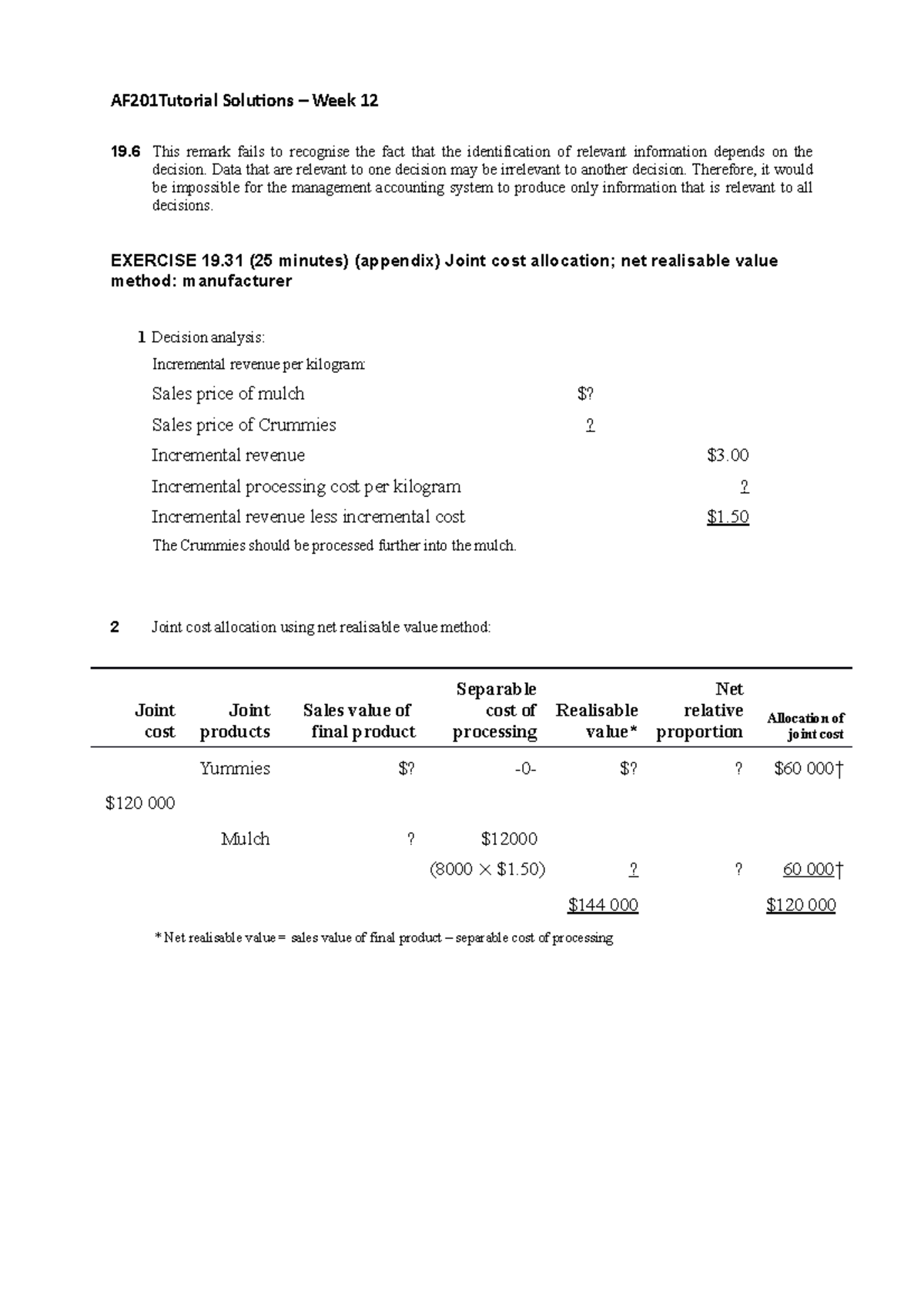 AF201 Tutorial Solutions - Week 12 Analysis and Costing Insights - Studocu