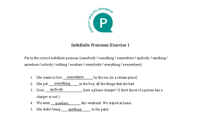 Indefinite Pronouns Exercises - Fill in the Blanks - Studocu