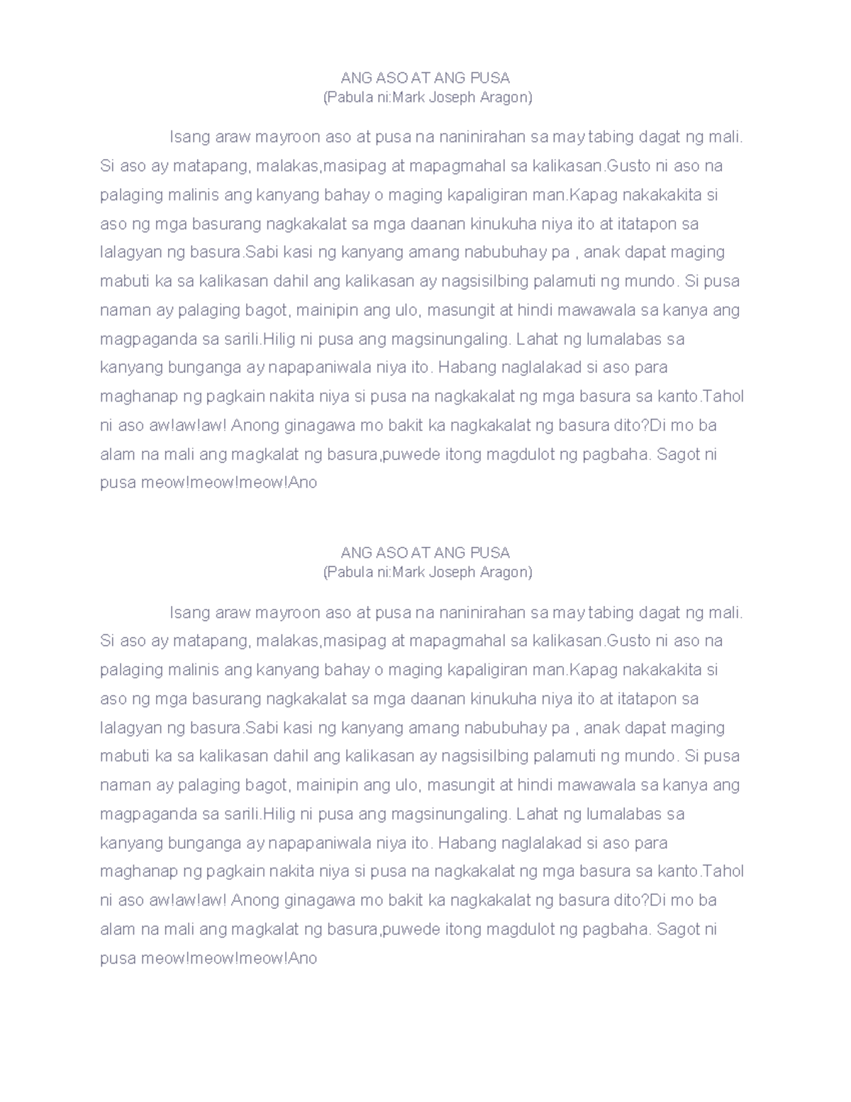Pabula: ANG ASO AT ANG PUSA - Aralin ni Mark Joseph Aragon - Studocu