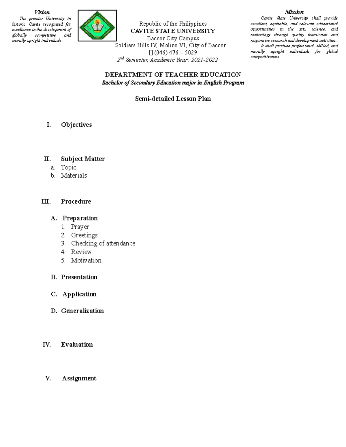 Semi-Detailed Lesson Plan Format for Bachelor of Secondary Education ...
