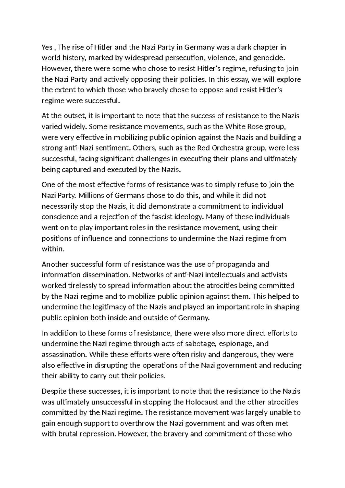 History Essay 1: The Resistance Against Hitler and the Nazi Party - Studocu