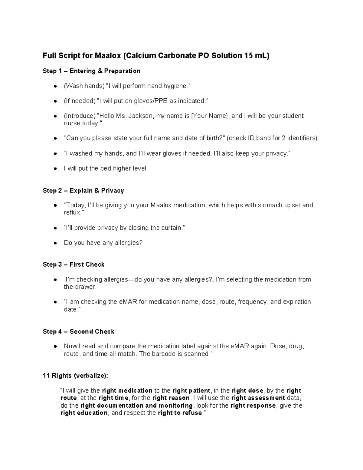 Maalox Administration Script for Nursing Practice (Fund Lab EV-1) - Studocu