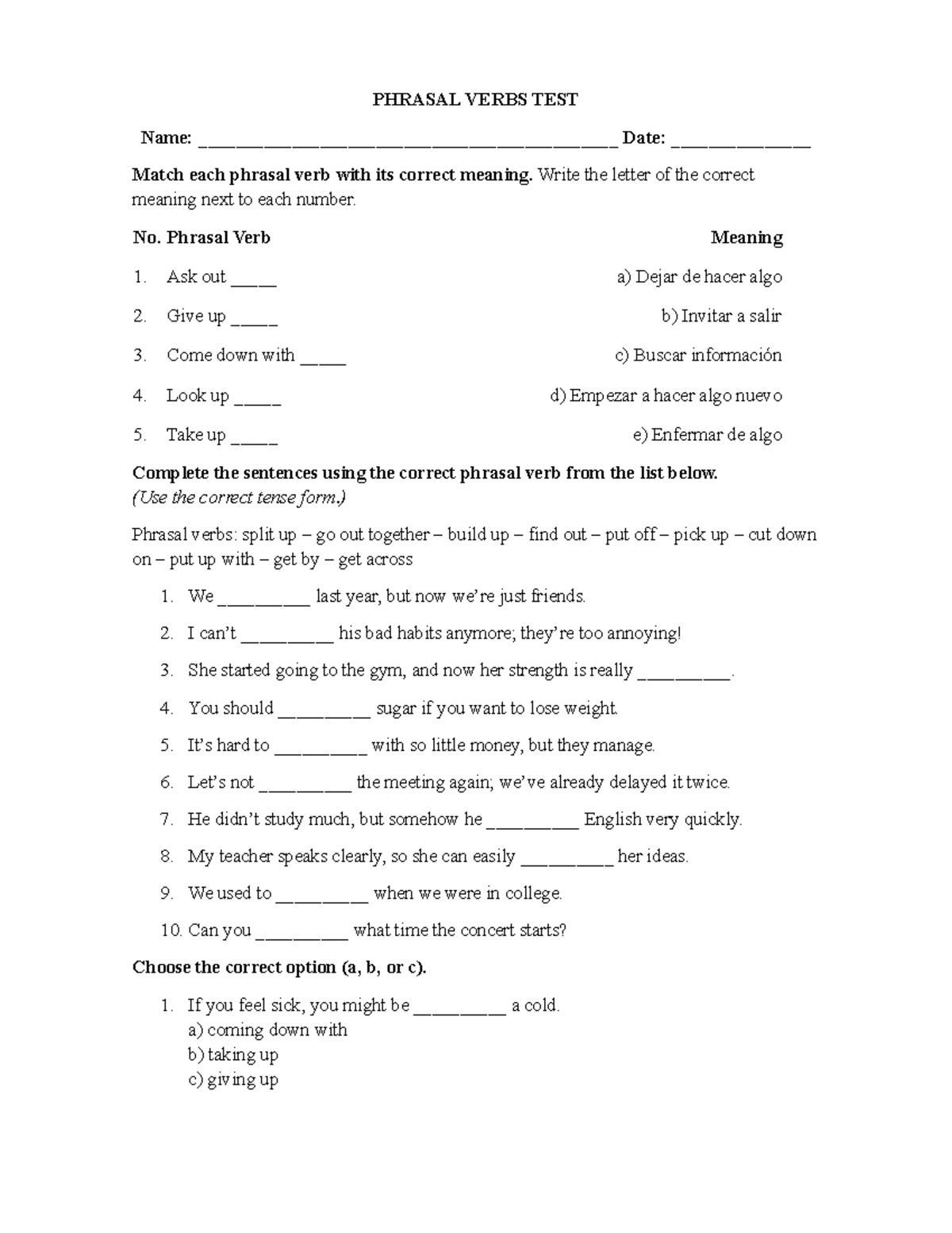 Phrasal Verbs Test: Matching & Sentence Completion Exercise - Studocu