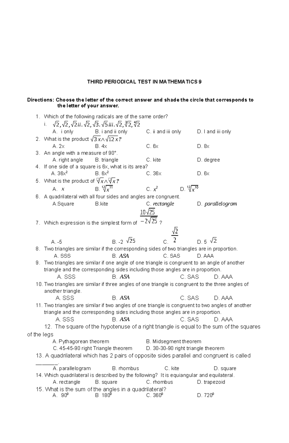 MATH-9 Third Periodical Test Answers and Review Guide - Studocu