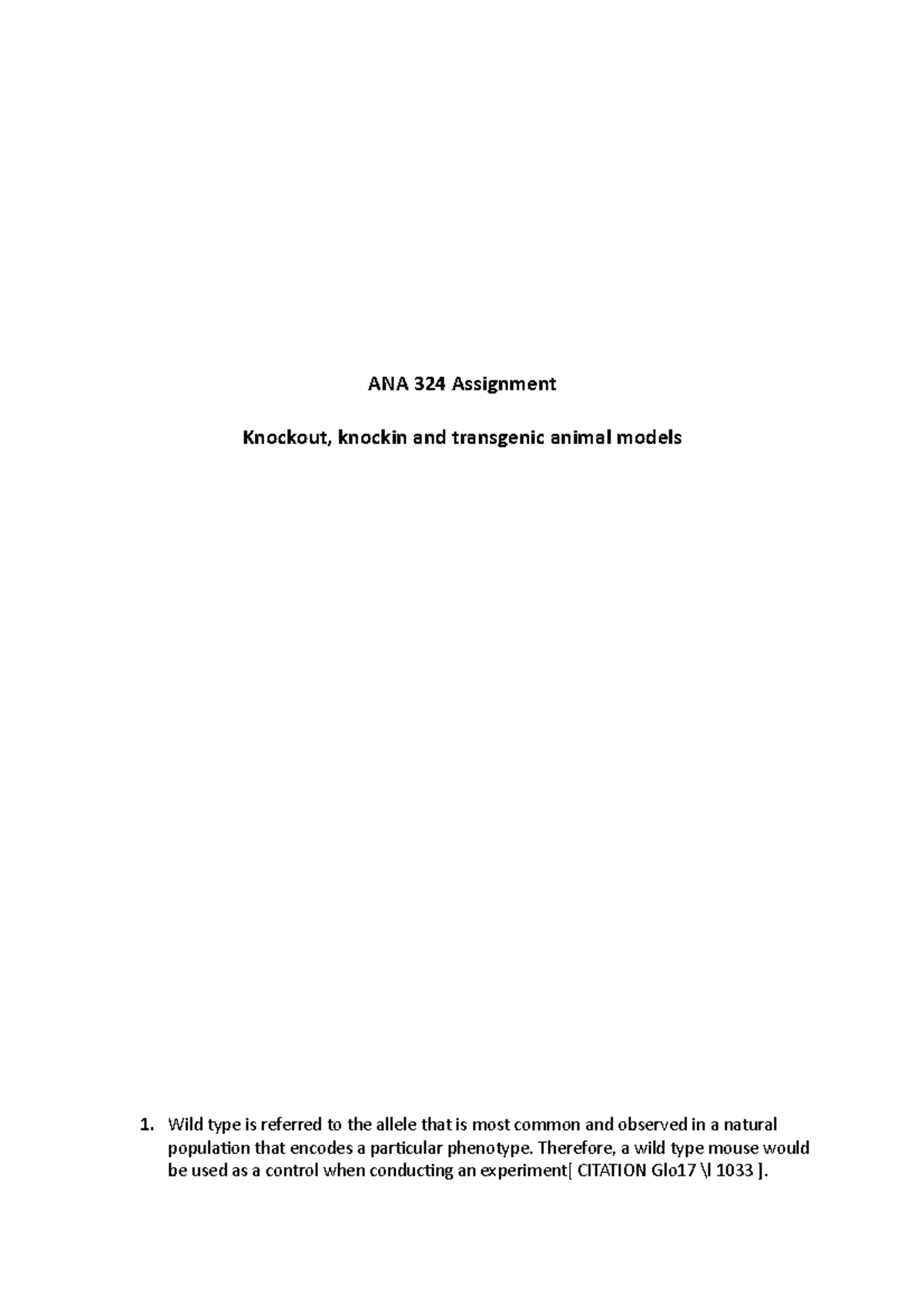 Knockout, knockin and transgenic animal models - ANA 324 Assignment ...