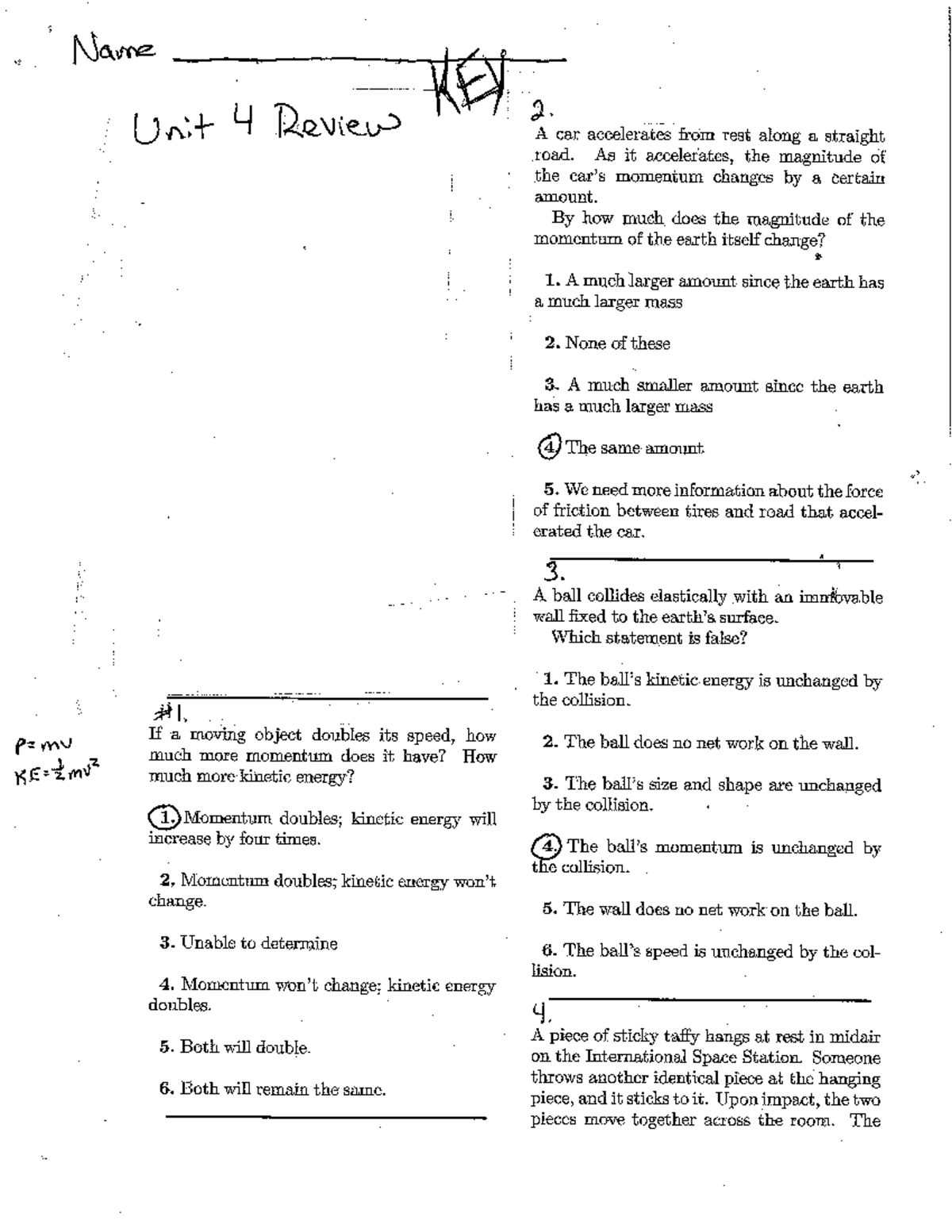 Unit 4 Review Solutions: Momentum and Collisions Concepts - Studocu
