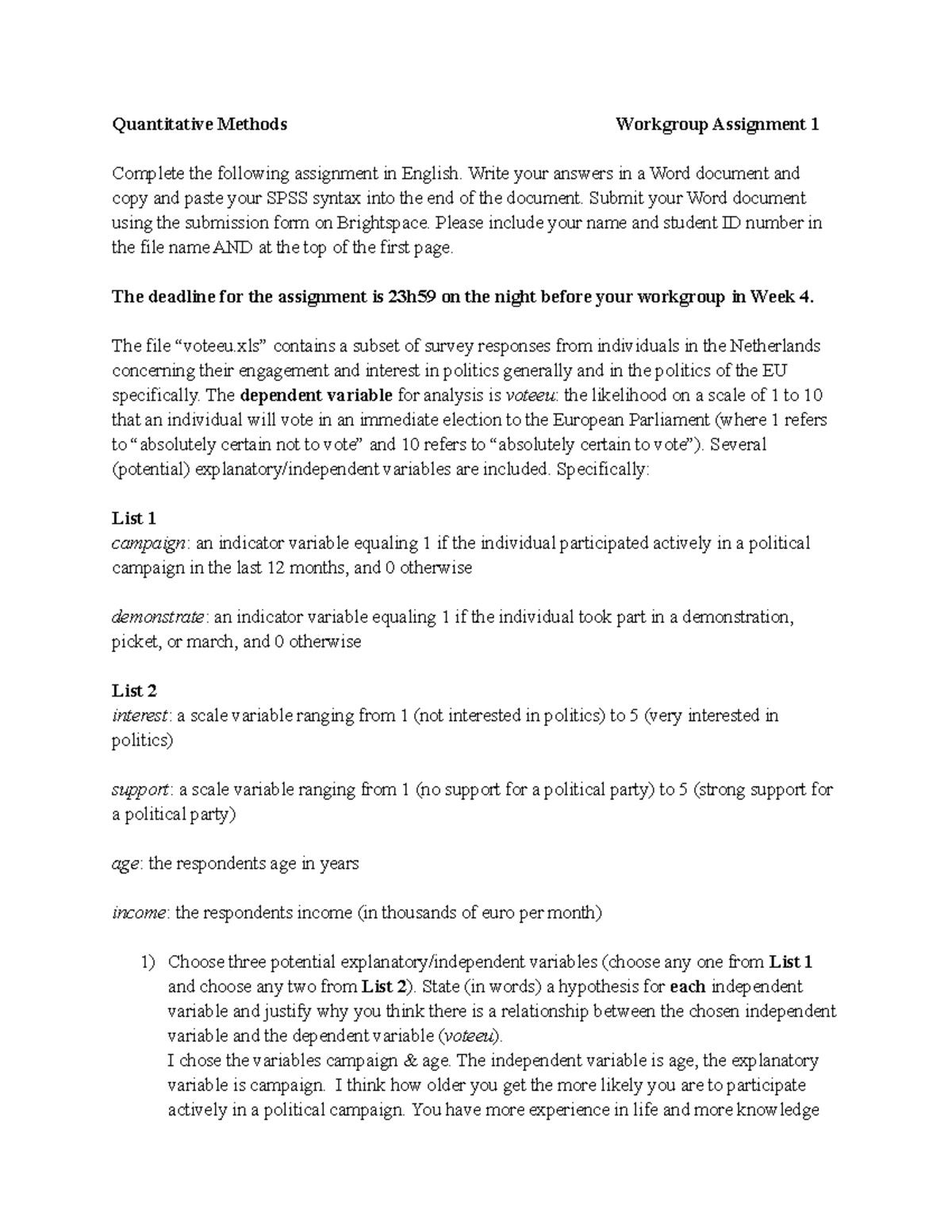 Quantitative Methods Assignment 1 - Workgroup Task Analysis - Studeersnel