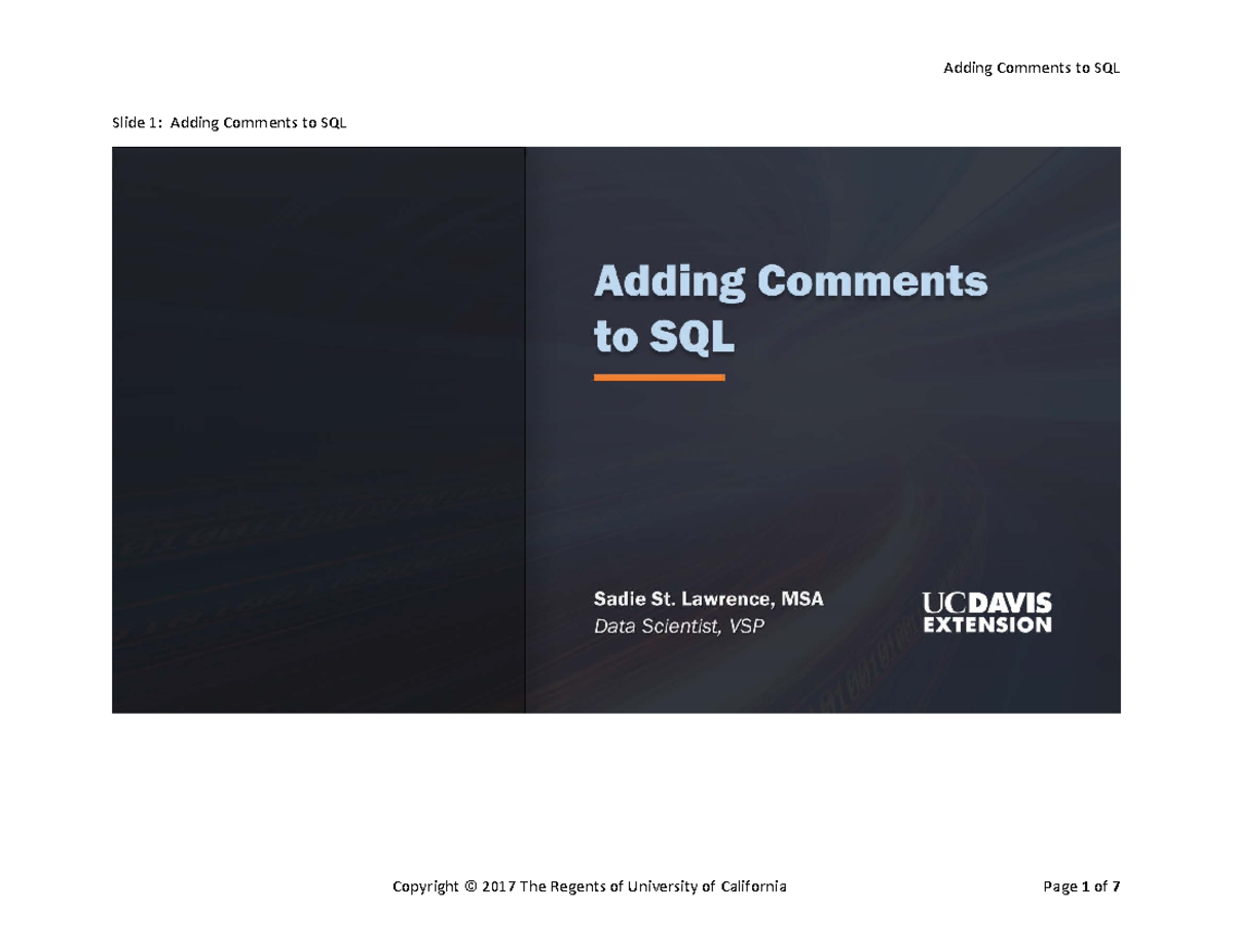 Adding Comments to SQL - asd - Ingles - Slide 1: Adding Comments to SQL ...