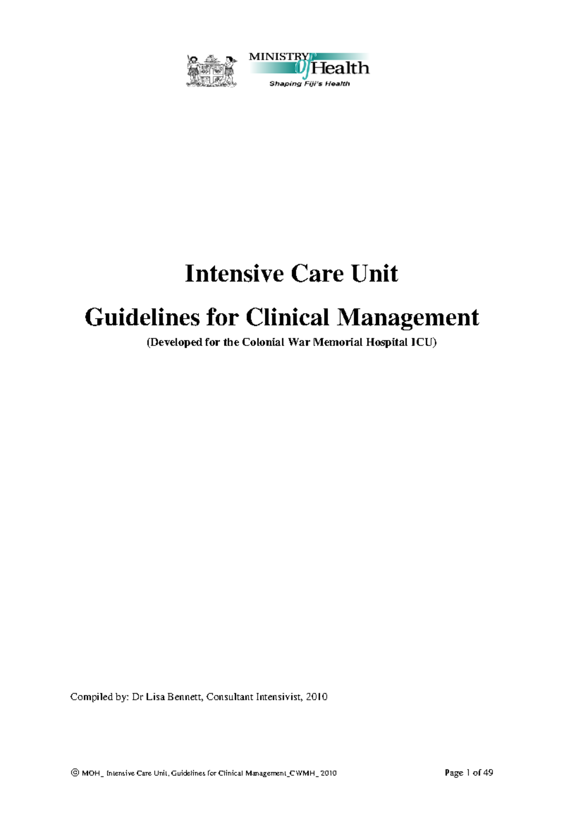 ICU-Guidelines 2010 - Clinical Management Protocols for Fiji - Studocu