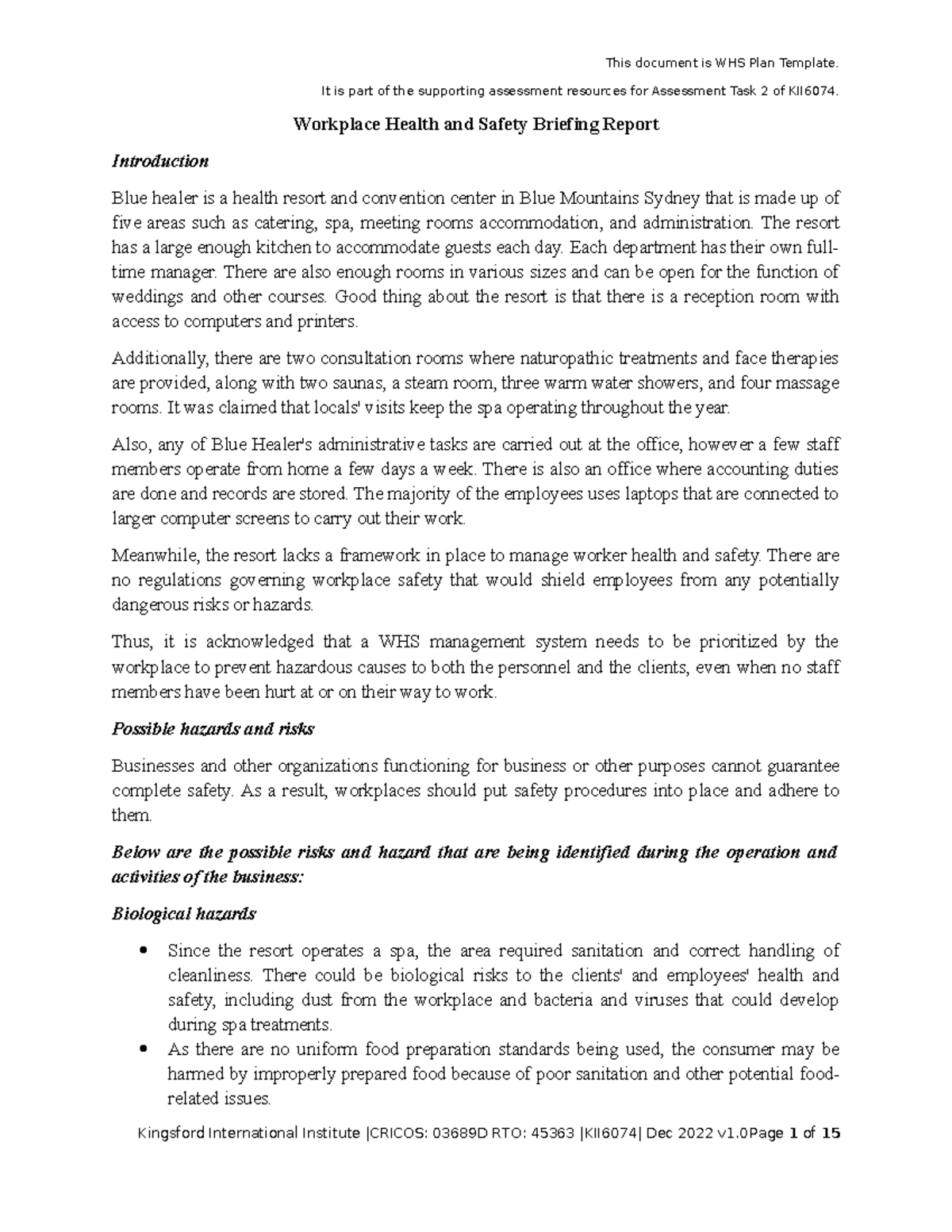 WHS Plan Template & Action Plan for KII6074 Assessment Task 2 - Studocu