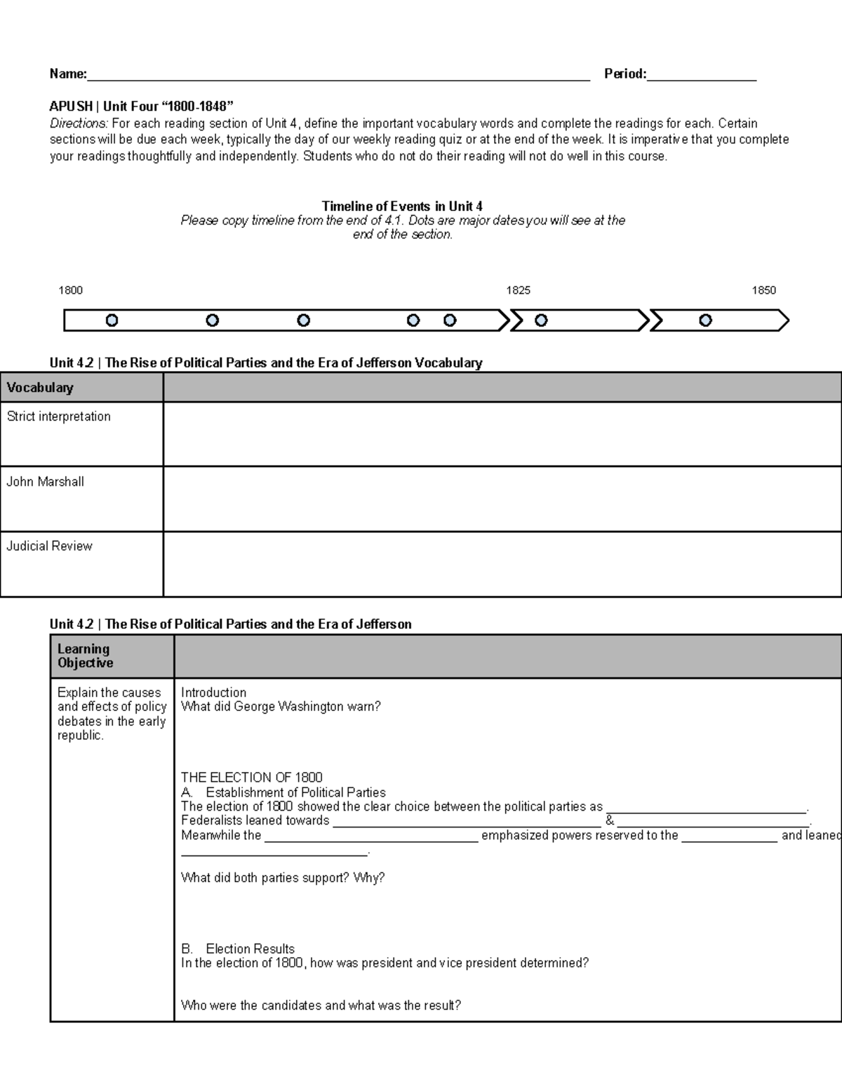 APUSH Unit 4 Reading Guide: Political Parties & Economic Changes (1800 ...