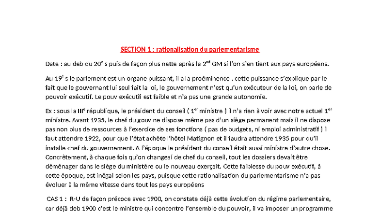 Rationalisation du Parlementarisme en Europe au 20e Siècle - L1 ...