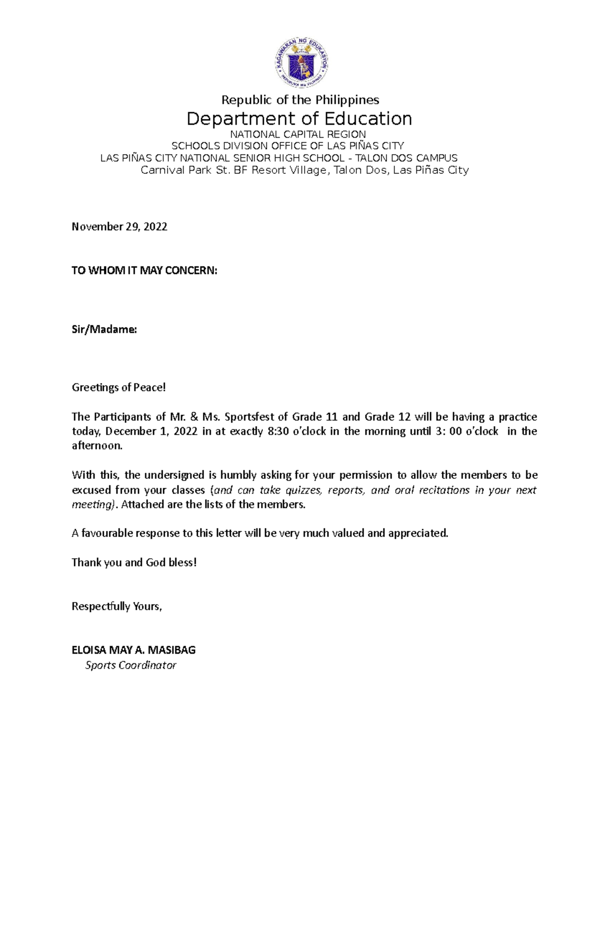 Excuse Letter for Grade 11 & 12 Sportsfest Practice Participation - Studocu