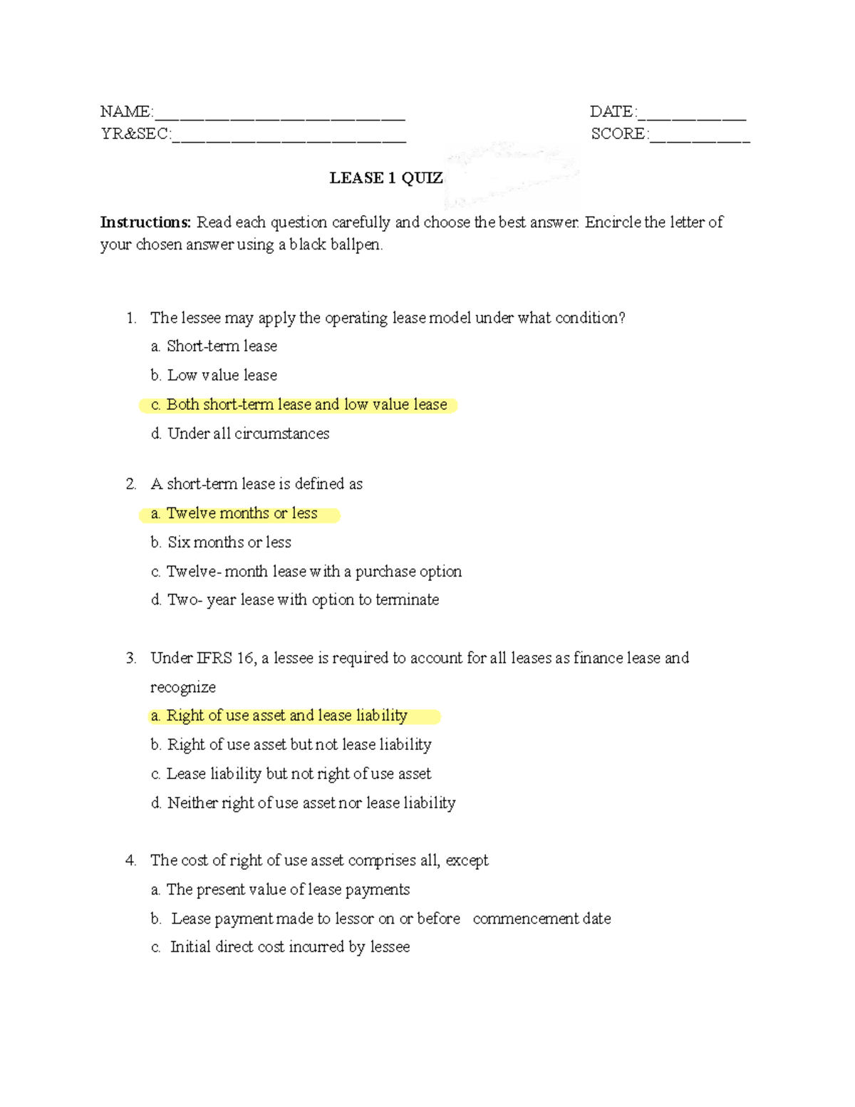 LEASE 1 QUIZ (LESSOR) - Comprehensive Study Notes - Studocu