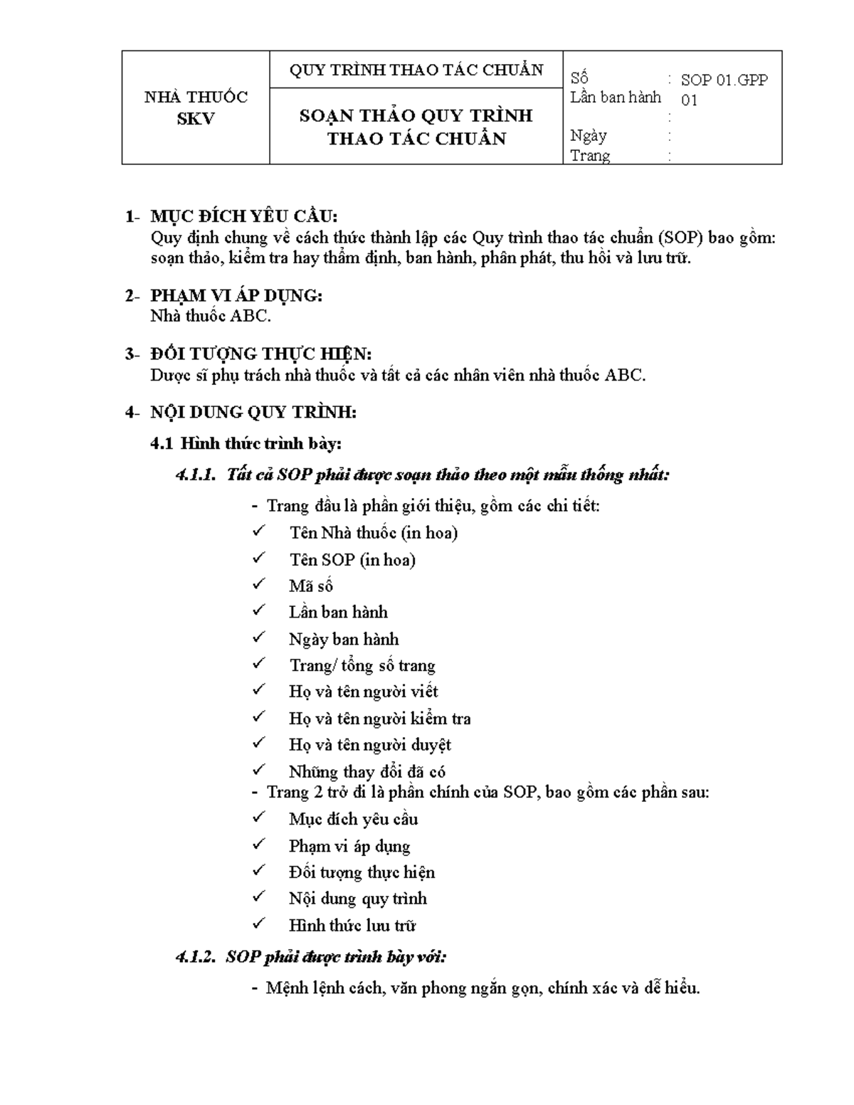 SOP 01.GPP: Quy trình thao tác chuẩn tại nhà thuốc ABC - Studocu