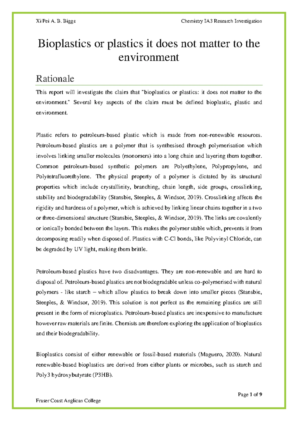 IA3 Chemistry Research Investigation: Biodegradability of Bioplastics ...