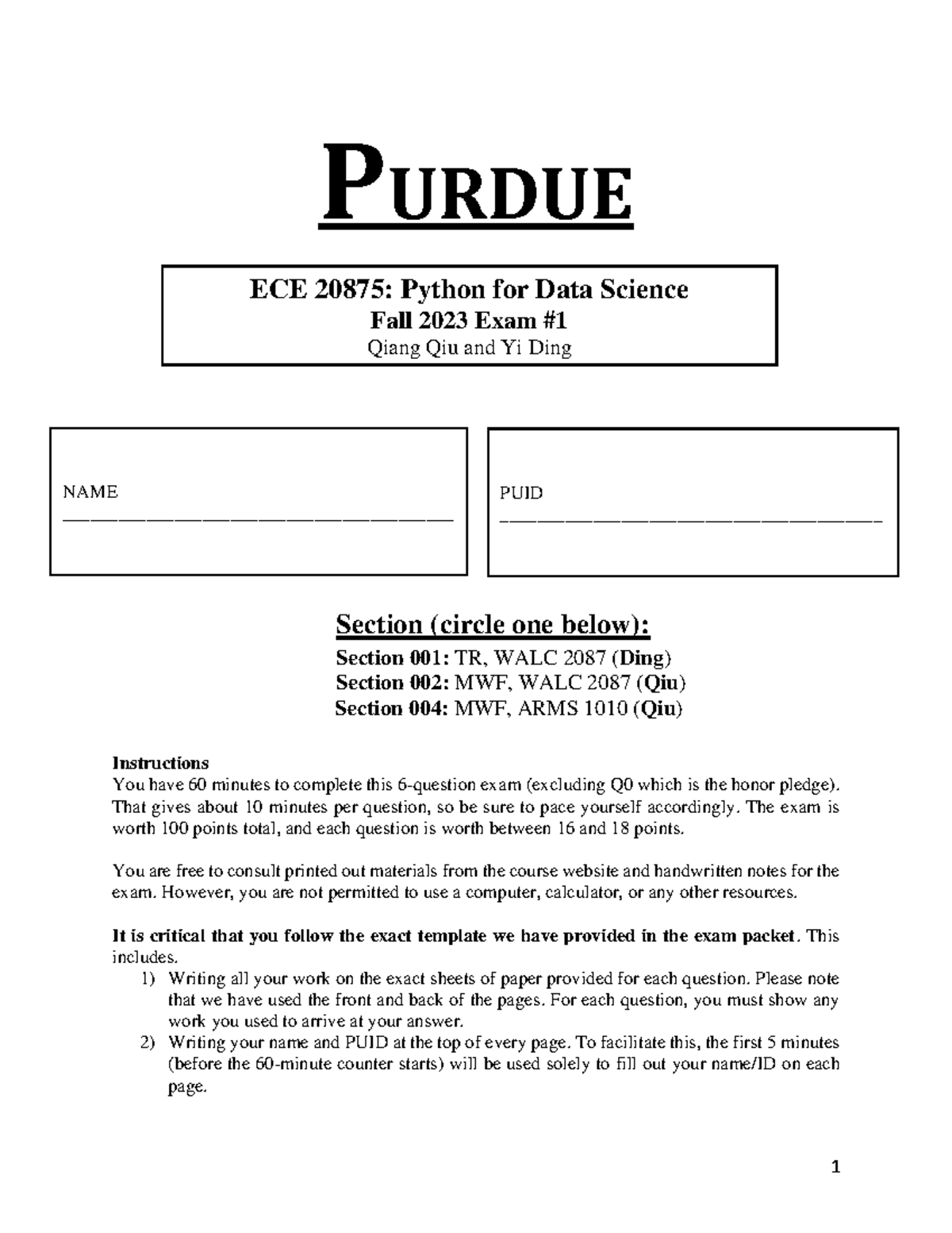 Purdue ECE 20875: Python for Data Science Fall 2023 exam solutions - Studocu