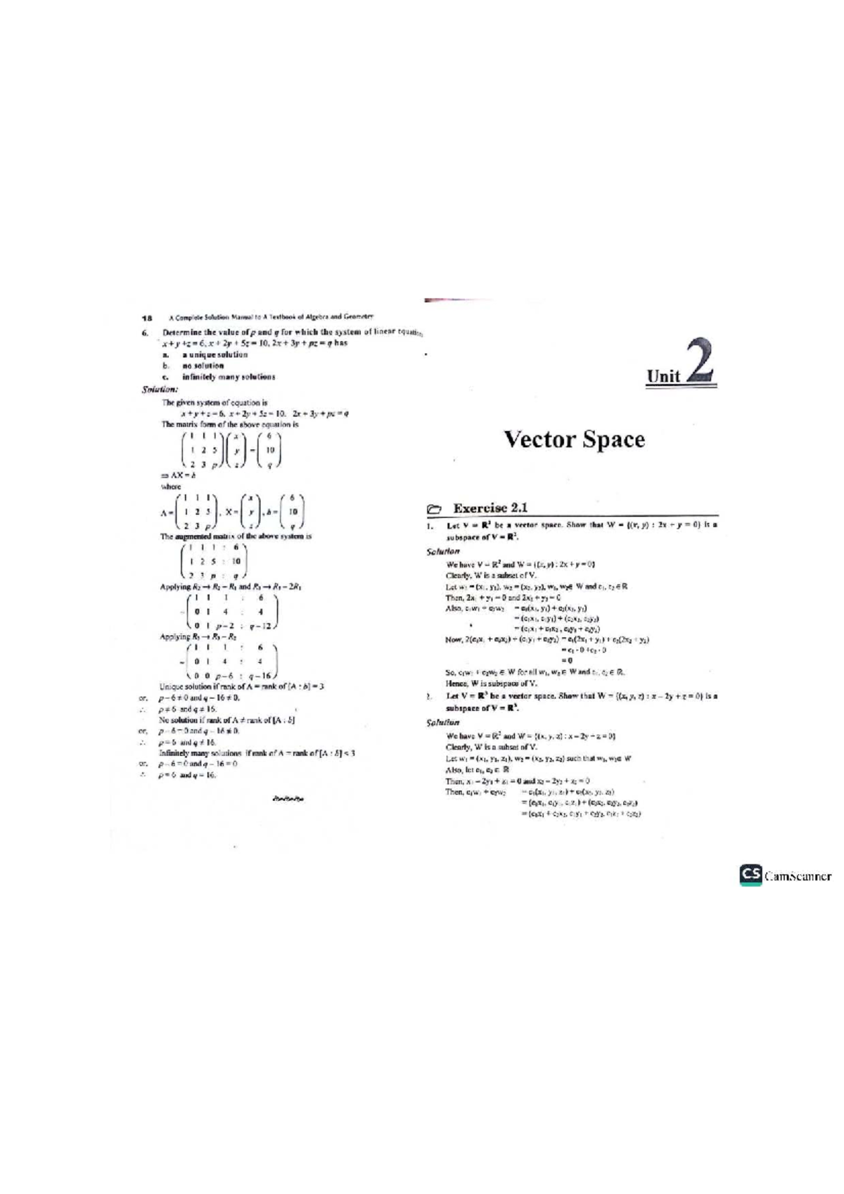 CS 18 A Complete Solution Manual to Algebra and Geometry: Vector Space Exercises - Studocu