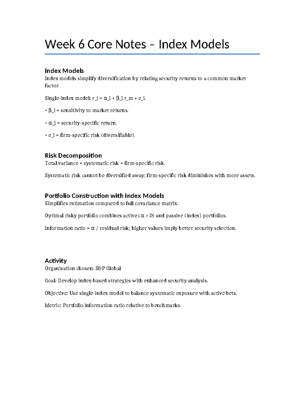 Week 6 Core Notes: Index Models & Portfolio Construction - Studocu