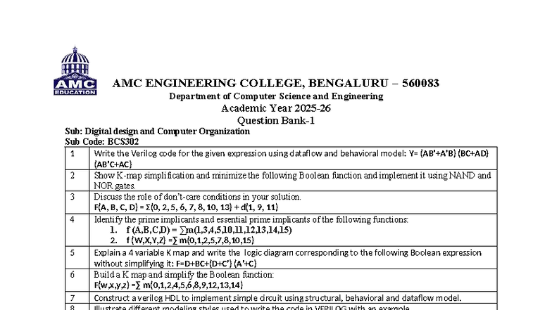 BCS302 Digital Design & Computer Organization Question Bank - Studocu