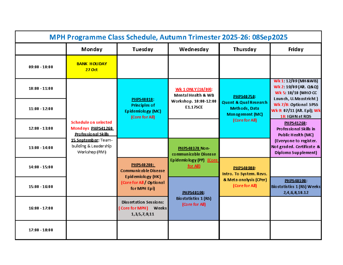 MPH Programme Class Schedule, Autumn Trimester 2025 - Studocu