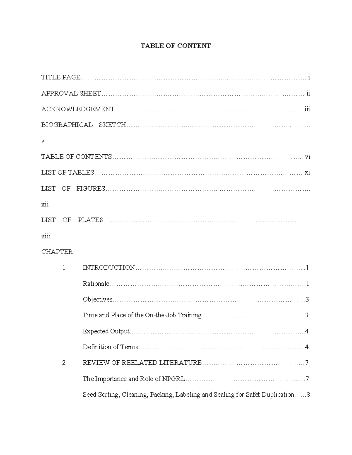 Table of Contents - Internship Report (PGR 101) - Studocu