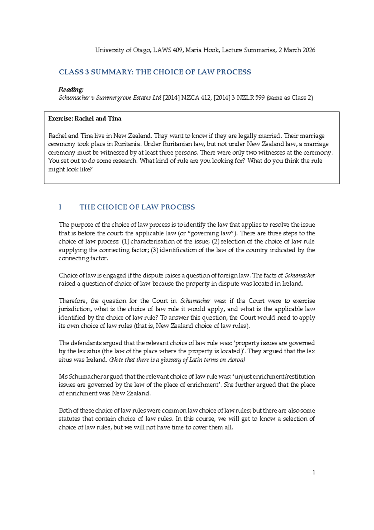 LAWS 409: Class 3 Summary on Choice of Law Process - 2 March 2026 - Studocu