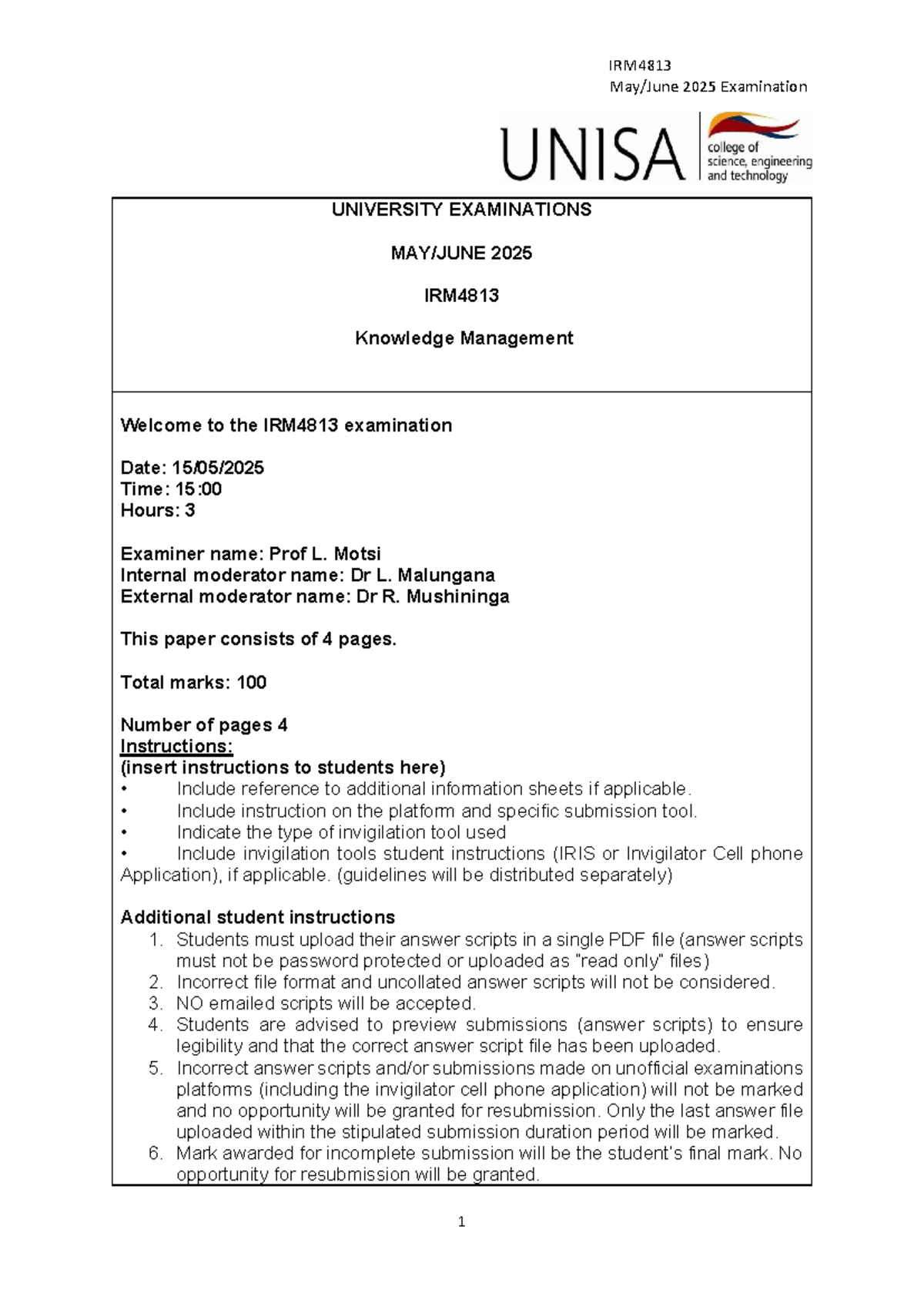 IRM4813 2025 Final Exam Question Paper on Knowledge Management - Studocu