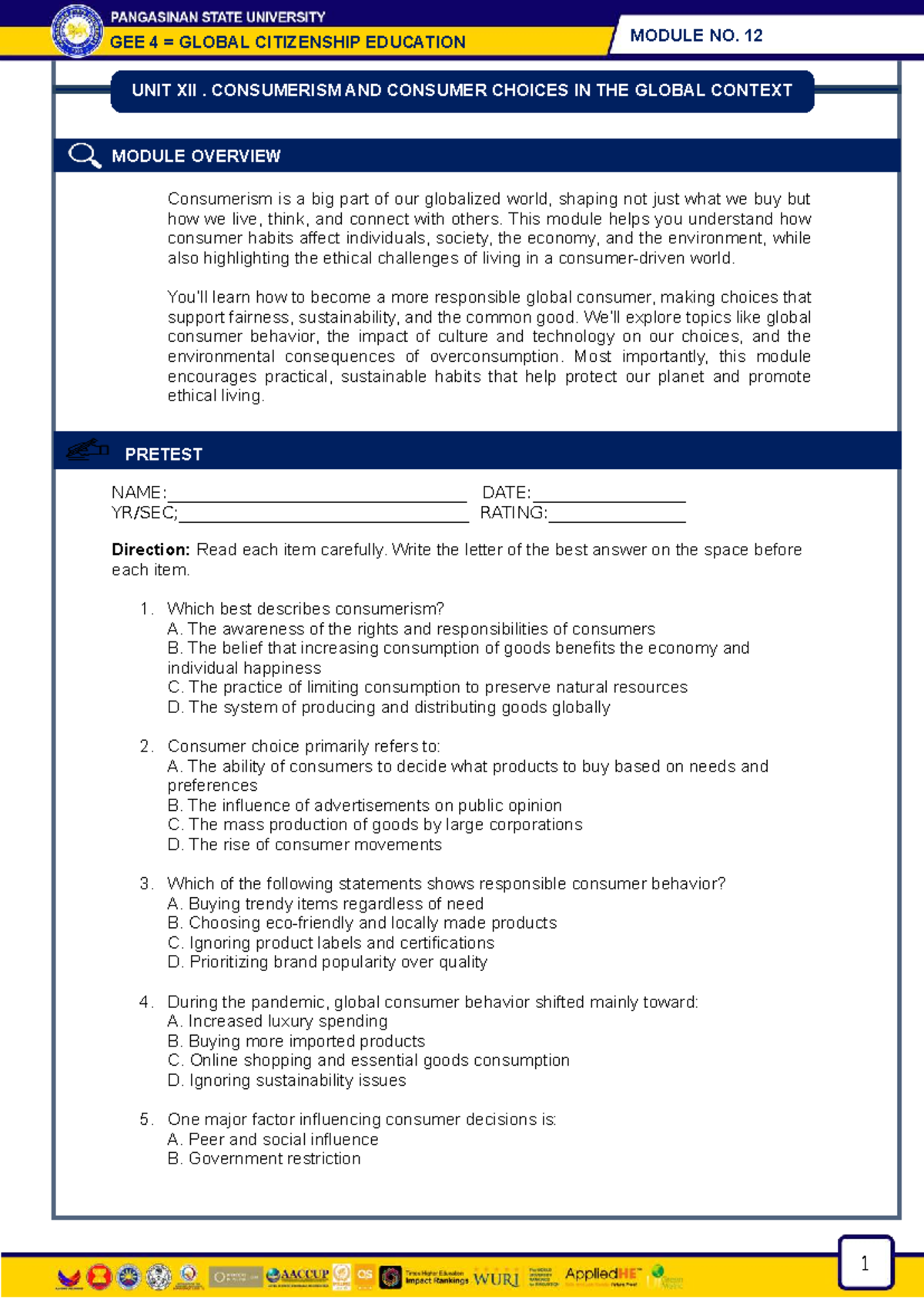 GEE 4 GLOBAL CITIZENSHIP EDUCATION MODULE 12: CONSUMERISM & CHOICES ...