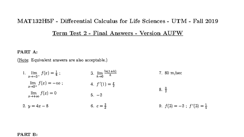 MAT132H5F Differential Calculus UTM Fall 2019 Term Test 2 Answers - Studocu